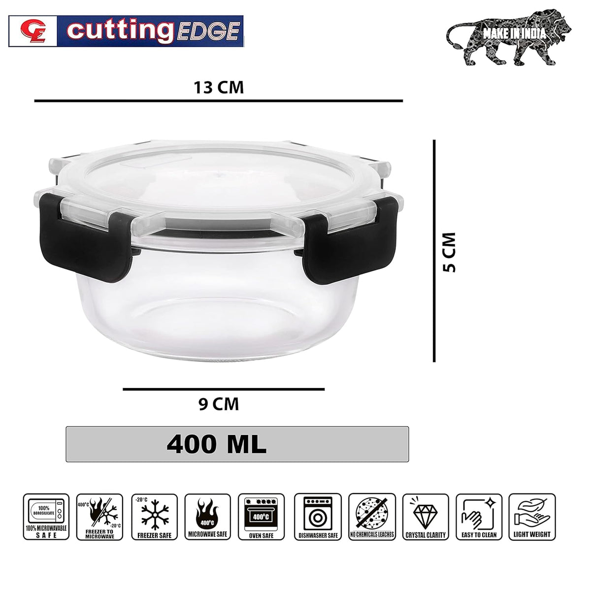 Cutting EDGE Round Borosilicate Glass Kitchen Food Storage Container L