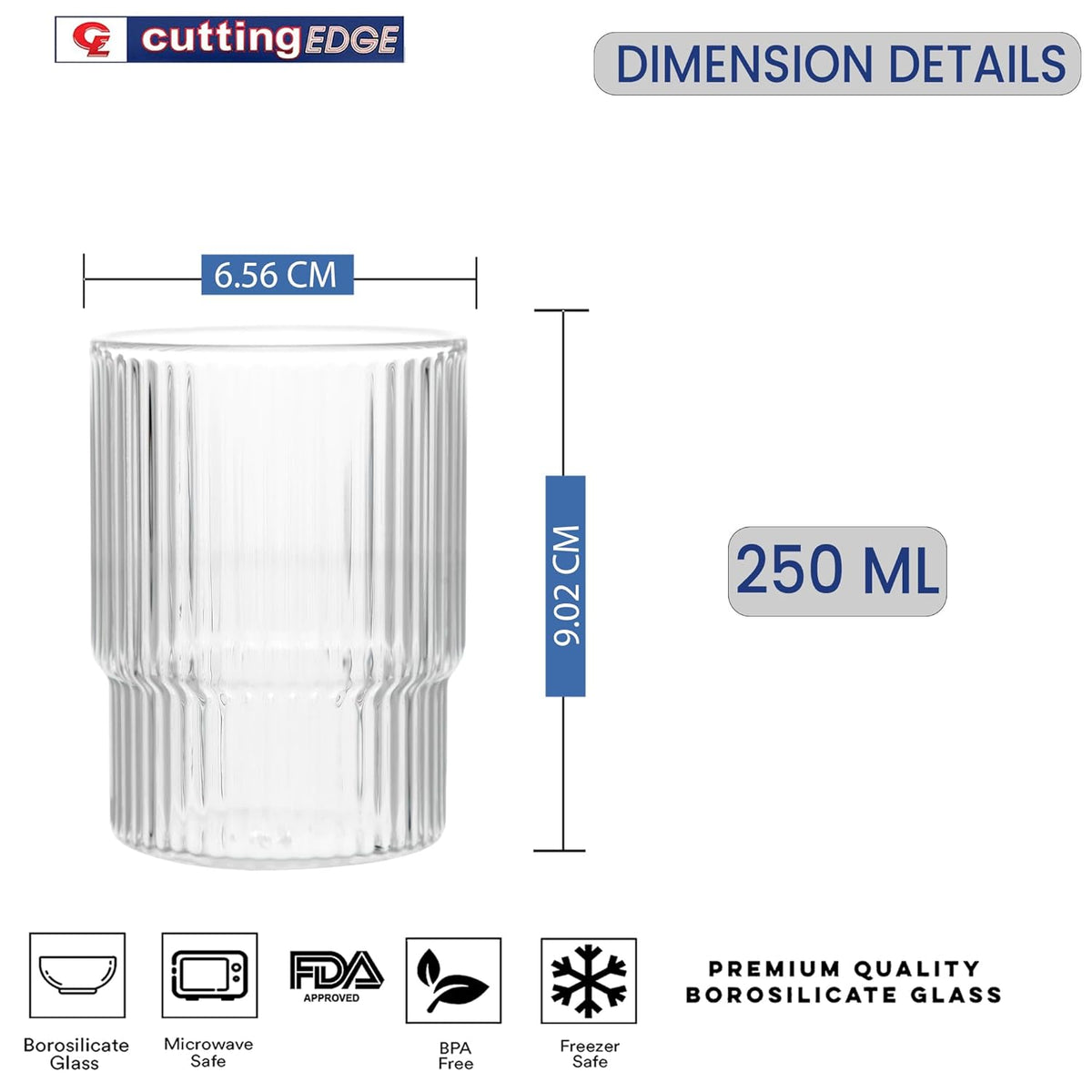 Cutting EDGE 250ml Borosilicate Glass, Crystal Clear, Microwave Safe f